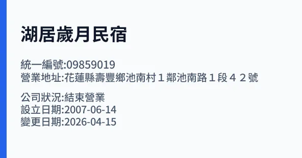 湖居歲月民宿的照片-統編 09859019(花蓮縣) 公司登記資料與營業項目詳細圖表