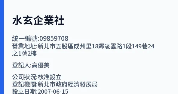 水玄企業社的照片-統編 09859708(新北市) 公司登記資料與營業項目詳細圖表