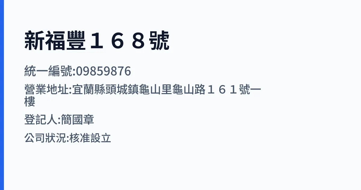 新福豐１６８號 - 統編 09859876(宜蘭縣) 公司登記資料與營業項目詳細圖表