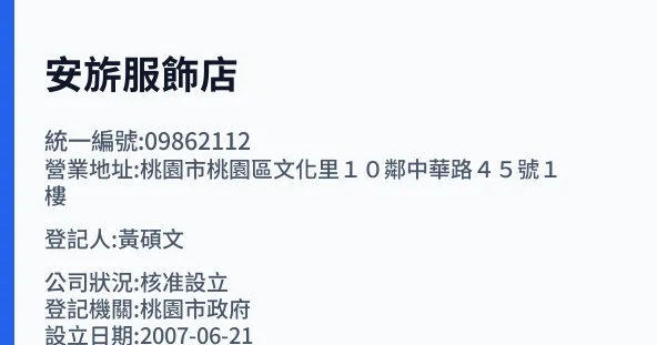 安旂服飾店的照片-統編 09862112(桃園市) 公司登記資料與營業項目詳細圖表