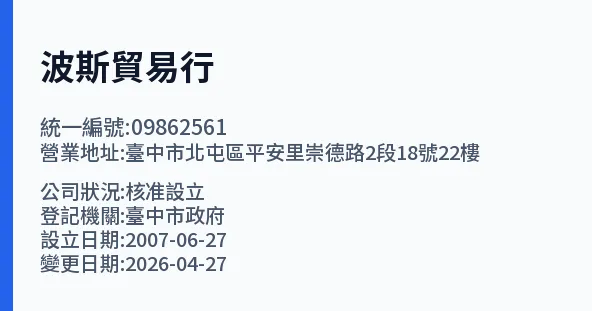 波斯貿易行的照片-統編 09862561(臺中市) 公司登記資料與營業項目詳細圖表