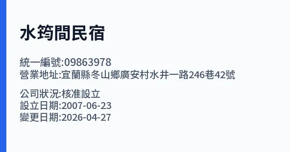水筠間民宿的照片-統編 09863978(宜蘭縣) 公司登記資料與營業項目詳細圖表