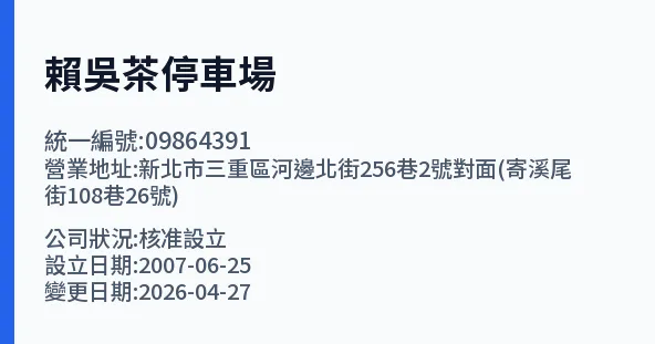賴吳茶停車場的照片-統編 09864391(新北市) 公司登記資料與營業項目詳細圖表