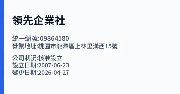 領先企業社的照片-統編 09864580(桃園市) 公司登記資料與營業項目詳細圖表