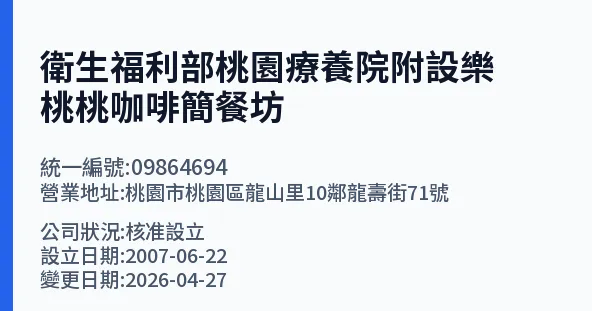 衛生福利部桃園療養院附設樂桃桃咖啡簡餐坊的照片-統編 09864694(桃園市) 公司登記資料與營業項目詳細圖表