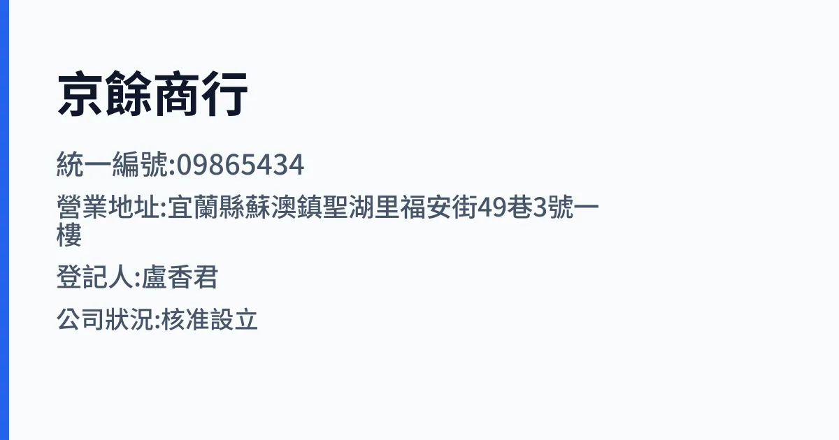 京餘商行 - 統編 09865434(宜蘭縣) 公司登記資料與營業項目詳細圖表