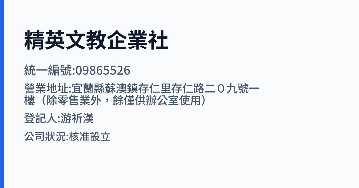 精英文教企業社 - 統編 09865526(宜蘭縣) 公司登記資料與營業項目詳細圖表