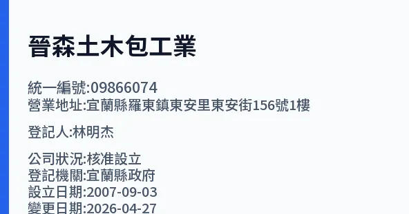晉森土木包工業的照片-統編 09866074(宜蘭縣) 公司登記資料與營業項目詳細圖表