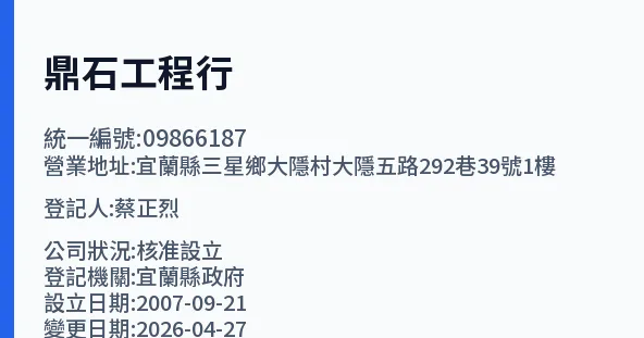 鼎石工程行的照片-統編 09866187(宜蘭縣) 公司登記資料與營業項目詳細圖表