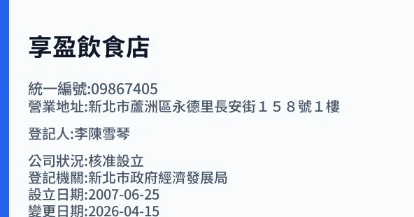 享盈飲食店的照片-統編 09867405(新北市) 公司登記資料與營業項目詳細圖表