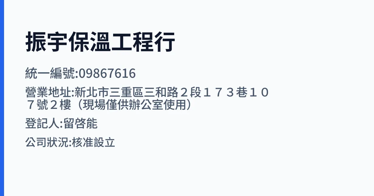 振宇保溫工程行 - 統編 09867616(新北市) 公司登記資料與營業項目詳細圖表