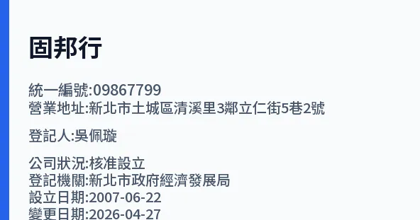 固邦行的照片-統編 09867799(新北市) 公司登記資料與營業項目詳細圖表