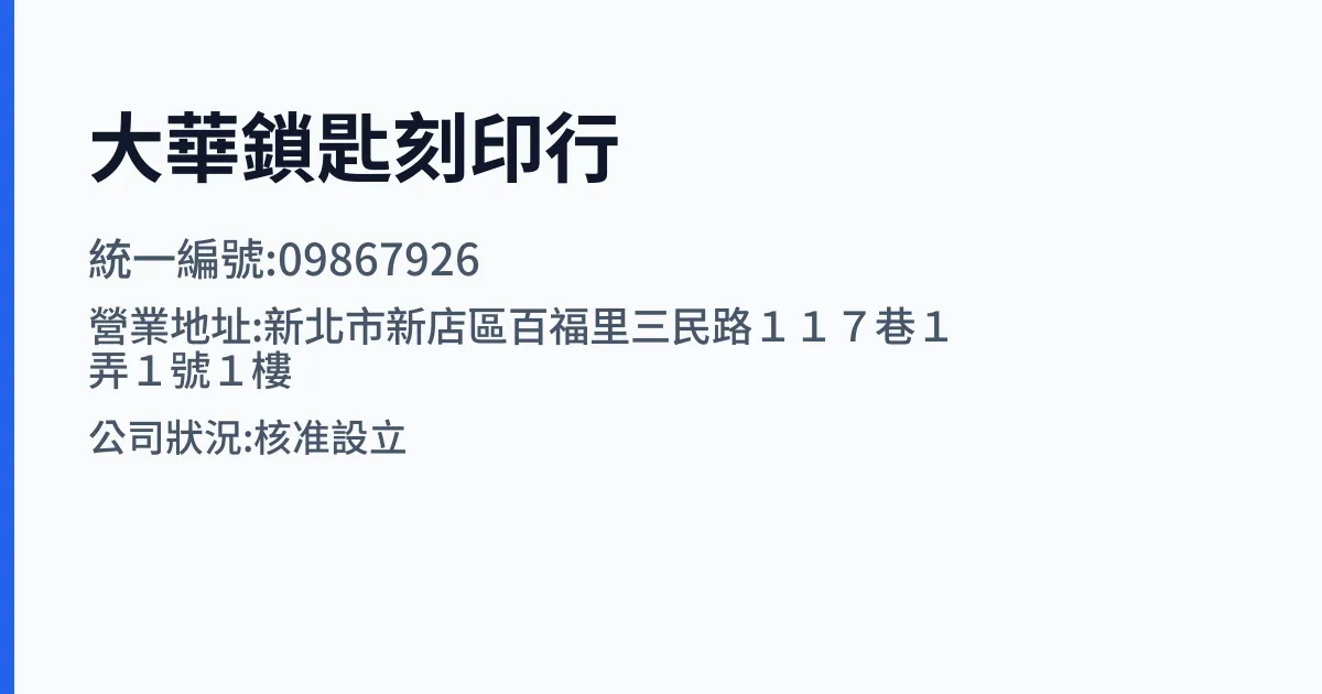 大華鎖匙刻印行 - 統編 09867926(新北市) 公司登記資料與營業項目詳細圖表