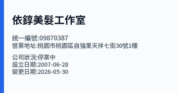 依錞美髮工作室的照片-統編 09870387(桃園市) 公司登記資料與營業項目詳細圖表