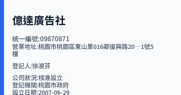 億達廣告社的照片-統編 09870871(桃園市) 公司登記資料與營業項目詳細圖表
