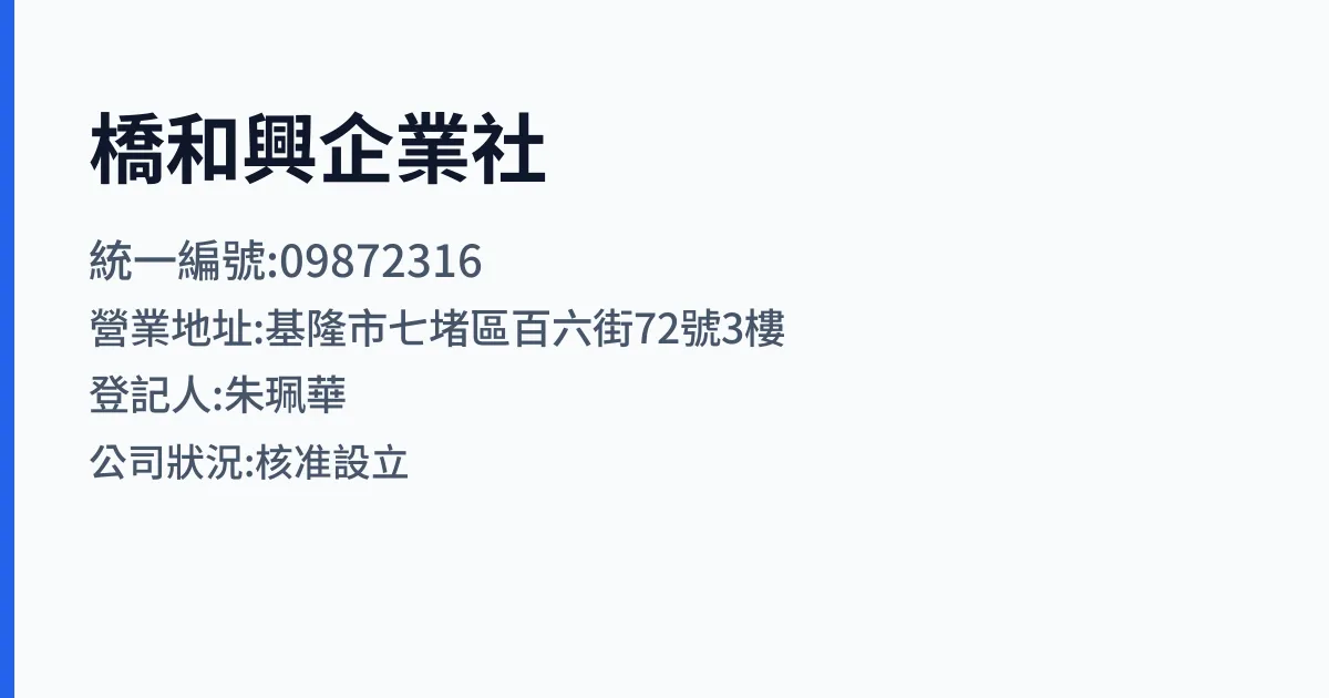 橋和興企業社 - 統編 09872316(基隆市) 公司登記資料與營業項目詳細圖表