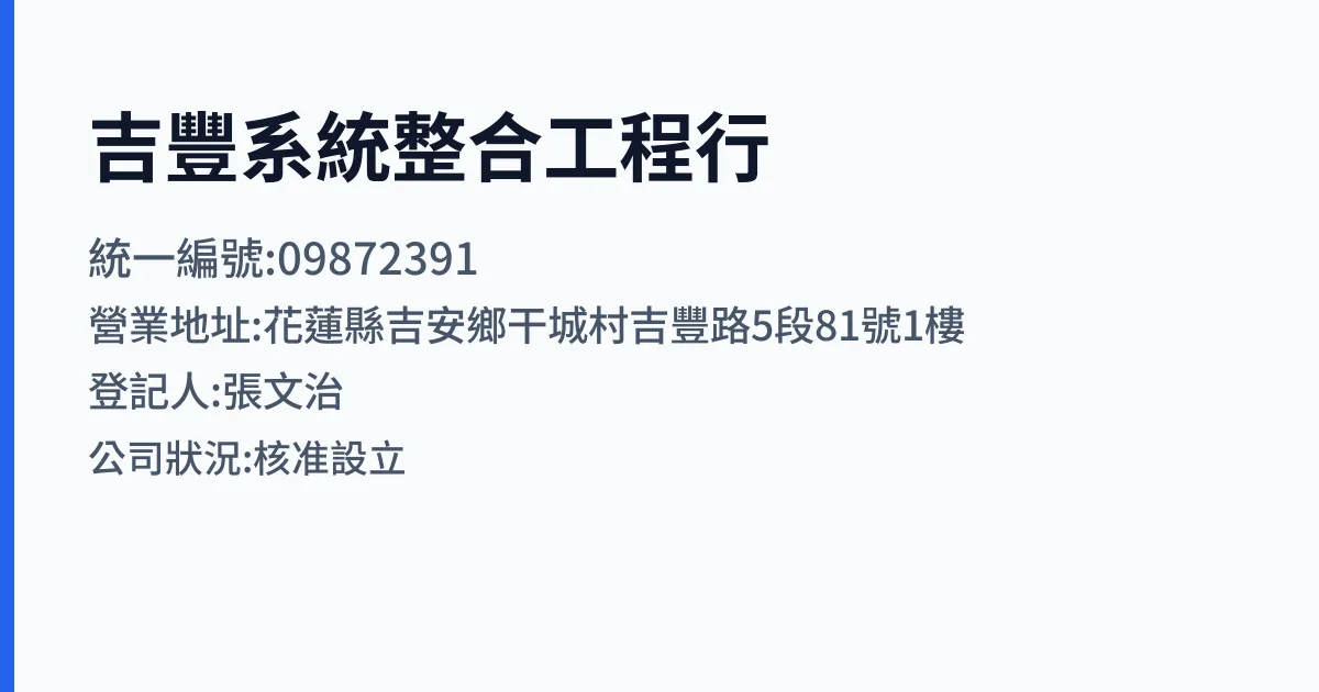 吉豐系統整合工程行 - 統編 09872391（花蓮縣） 公司登記資料與營業項目詳細圖表
