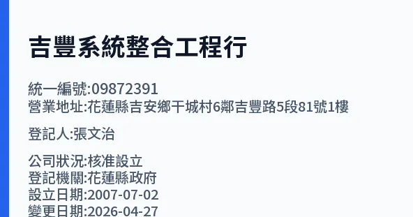 吉豐系統整合工程行的照片-統編 09872391(花蓮縣) 公司登記資料與營業項目詳細圖表