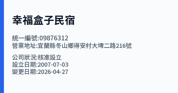 幸福盒子民宿的照片-統編 09876312(宜蘭縣) 公司登記資料與營業項目詳細圖表