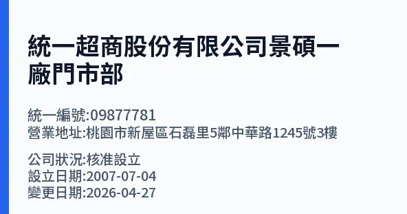 統一超商股份有限公司景碩一廠門市部的照片-統編 09877781(桃園市) 公司登記資料與營業項目詳細圖表