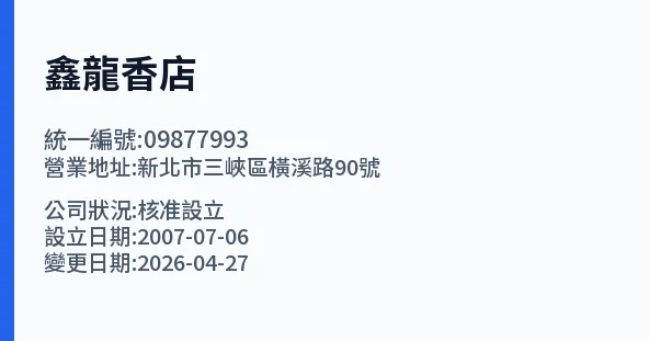 鑫龍香店的照片-統編 09877993(新北市) 公司登記資料與營業項目詳細圖表