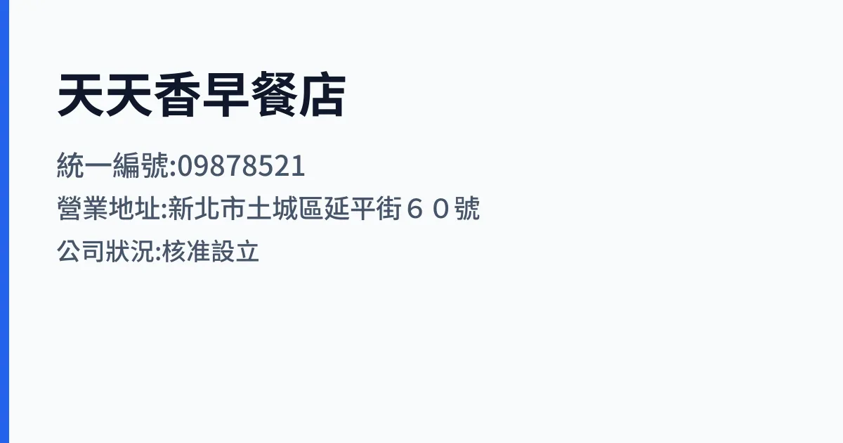 天天香早餐店 - 統編 09878521(新北市) 公司登記資料與營業項目詳細圖表