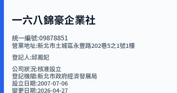 一六八錦豪企業社的照片-統編 09878851(新北市) 公司登記資料與營業項目詳細圖表