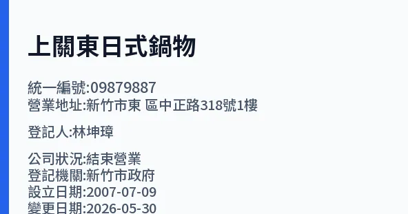 上關東日式鍋物的照片-統編 09879887(新竹市) 公司登記資料與營業項目詳細圖表