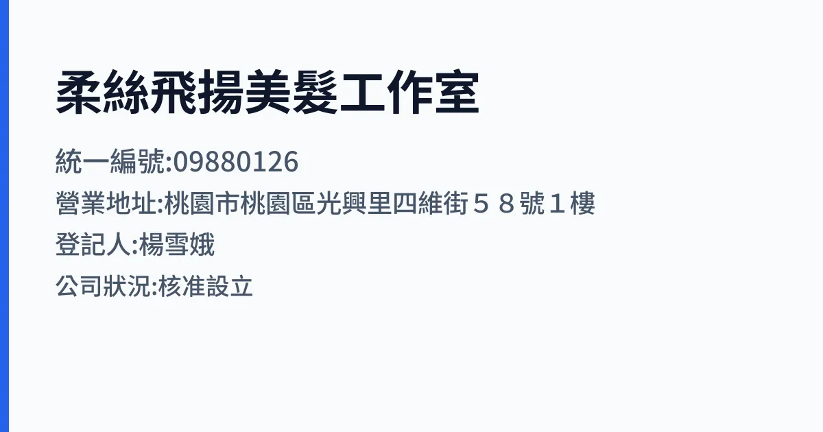 柔絲飛揚美髮工作室 - 統編 09880126（桃園市） 公司登記資料與營業項目詳細圖表
