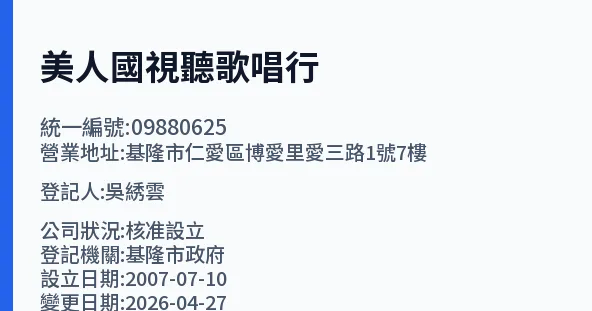美人國視聽歌唱行的照片-統編 09880625(基隆市) 公司登記資料與營業項目詳細圖表