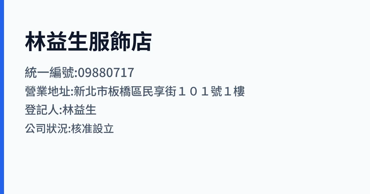 林益生服飾店 - 統編 09880717（新北市） 公司登記資料與營業項目詳細圖表
