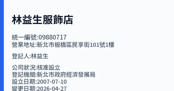 林益生服飾店的照片-統編 09880717(新北市) 公司登記資料與營業項目詳細圖表