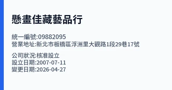 懸畫佳藏藝品行的照片-統編 09882095(新北市) 公司登記資料與營業項目詳細圖表