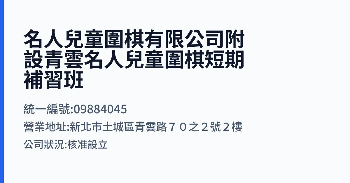 名人兒童圍棋有限公司附設青雲名人兒童圍棋短期補習班 - 統編 09884045(新北市) 公司登記資料與營業項目詳細圖表