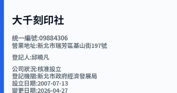 大千刻印社的照片-統編 09884306(新北市) 公司登記資料與營業項目詳細圖表