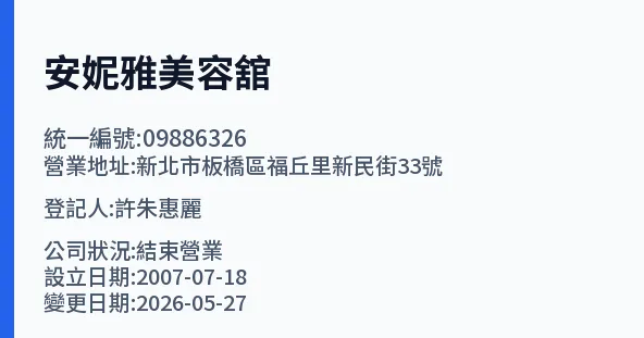 安妮雅美容舘的照片-統編 09886326(新北市) 公司登記資料與營業項目詳細圖表