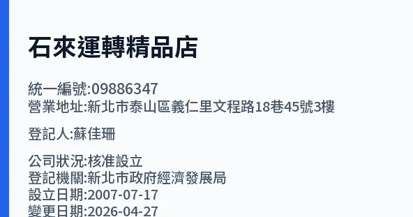 石來運轉精品店的照片-統編 09886347(新北市) 公司登記資料與營業項目詳細圖表