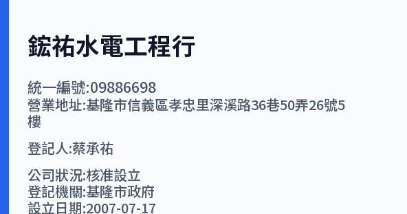 鋐祐水電工程行的照片-統編 09886698(基隆市) 公司登記資料與營業項目詳細圖表