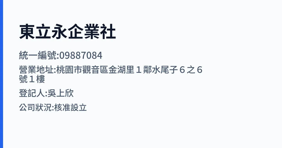 東立永企業社 - 統編 09887084(桃園市) 公司登記資料與營業項目詳細圖表
