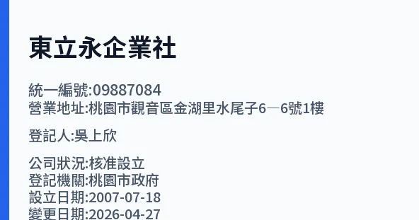 東立永企業社的照片-統編 09887084(桃園市) 公司登記資料與營業項目詳細圖表