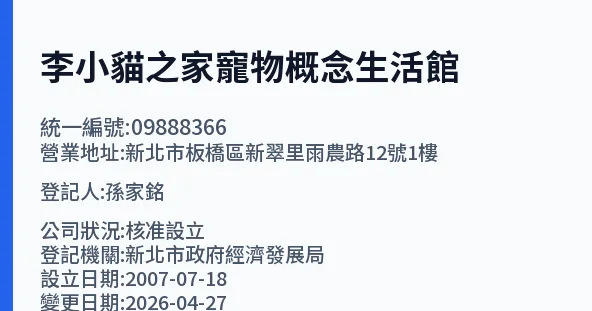 李小貓之家寵物概念生活館的照片-統編 09888366(新北市) 公司登記資料與營業項目詳細圖表