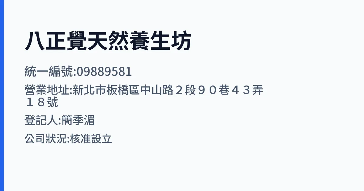 八正覺天然養生坊 - 統編 09889581(新北市) 公司登記資料與營業項目詳細圖表