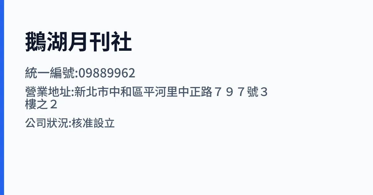 鵝湖月刊社 - 統編 09889962(新北市) 公司登記資料與營業項目詳細圖表