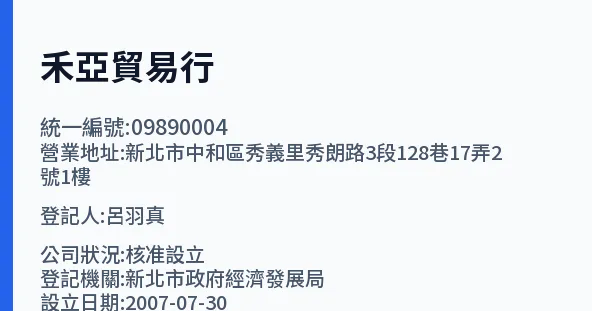 禾亞貿易行的照片-統編 09890004(新北市) 公司登記資料與營業項目詳細圖表