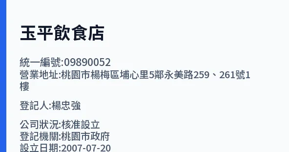 玉平飲食店的照片-統編 09890052(桃園市) 公司登記資料與營業項目詳細圖表