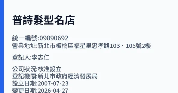 普詩髮型名店的照片-統編 09890692(新北市) 公司登記資料與營業項目詳細圖表