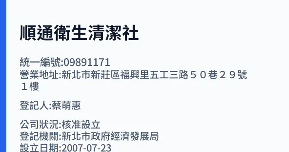 順通衛生清潔社的照片-統編 09891171(新北市) 公司登記資料與營業項目詳細圖表