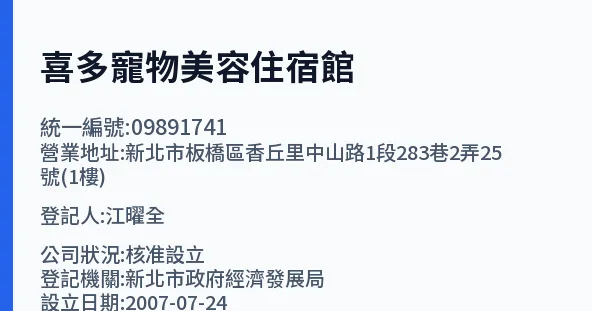 喜多寵物美容住宿館的照片-統編 09891741(新北市) 公司登記資料與營業項目詳細圖表