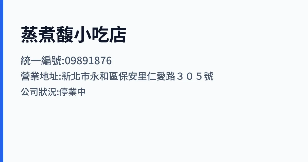 蒸煮馥小吃店 - 統編 09891876(新北市) 公司登記資料與營業項目詳細圖表