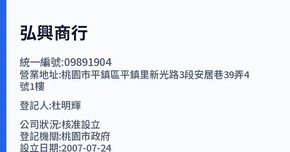 弘興商行的照片-統編 09891904(桃園市) 公司登記資料與營業項目詳細圖表